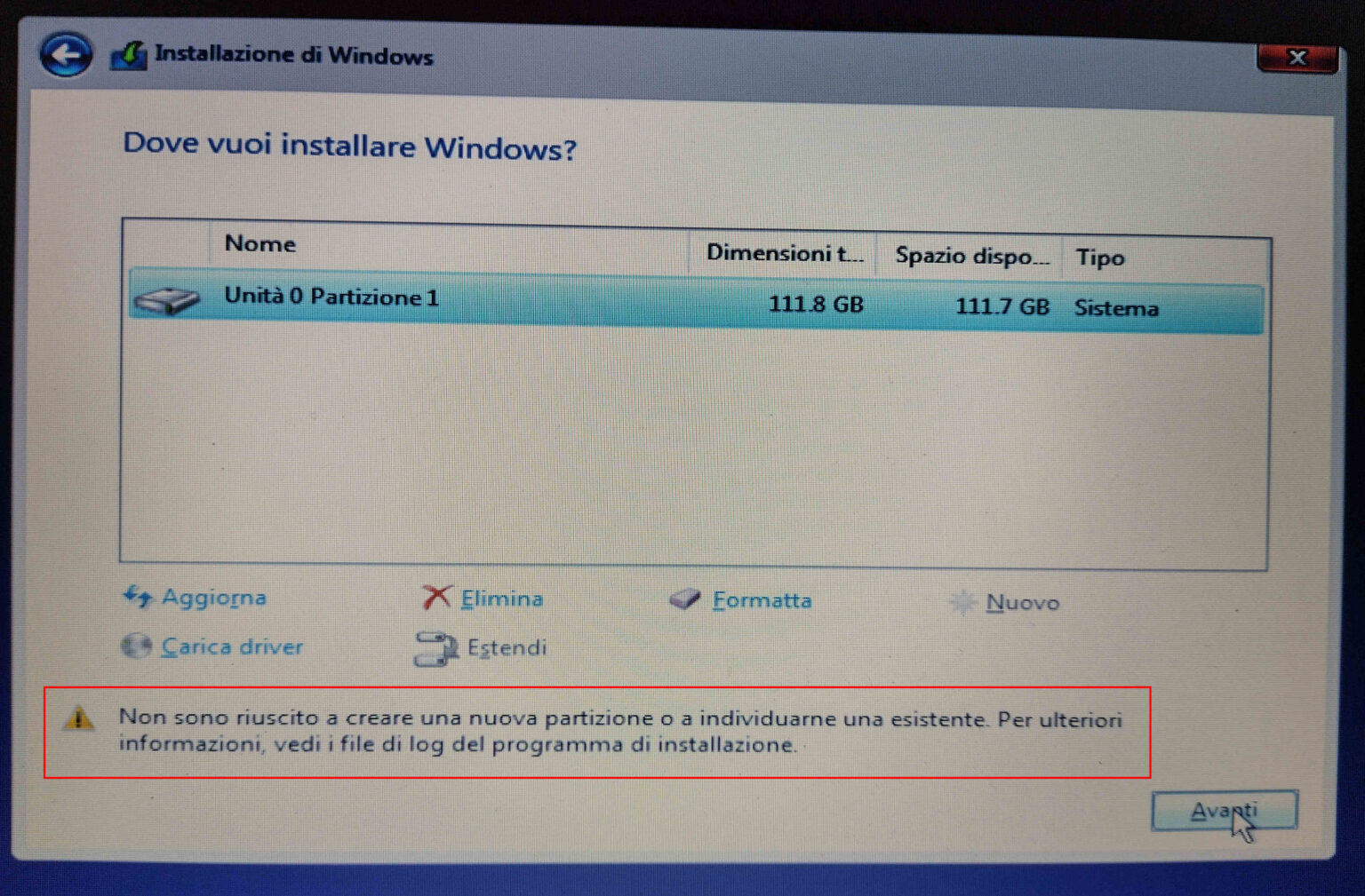 Impossibile creare una nuova partizione o individuarne una esistente ...